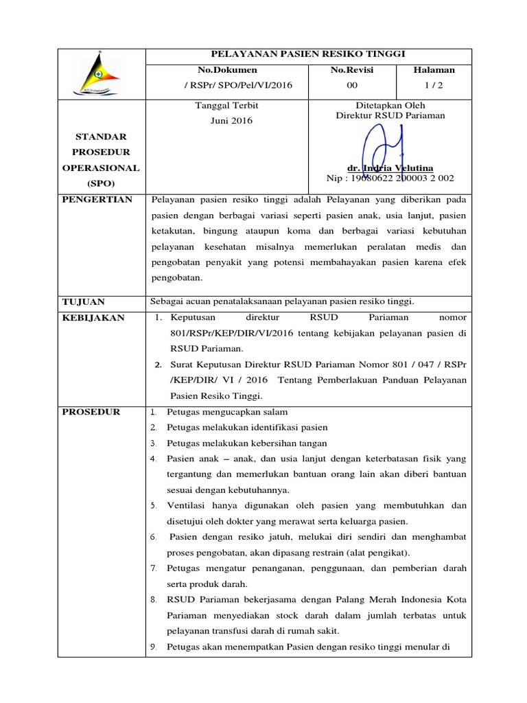 SPO Pelayanan Pasien Resiko Tinggi | PDF
