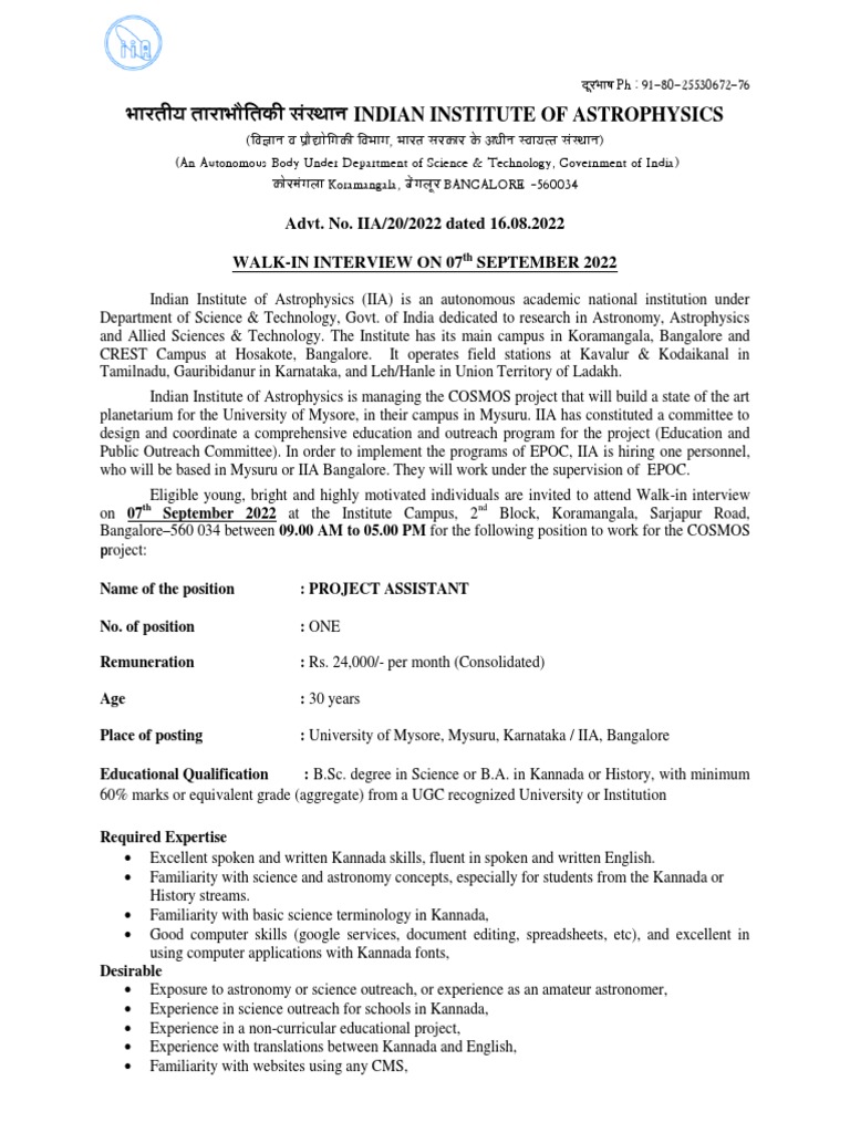 Advt 20 Project Asst COSMOS | PDF | Expert | Bangalore