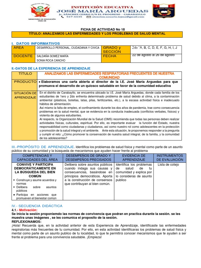 Ficha de Aprendizaje 2do DPCC Analizando Las Enfermeades y Problemas de Salud Mental | PDF ...
