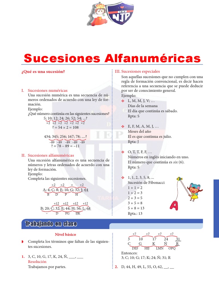 Sucesiones Numéricas y Alfanuméricas 6to | PDF | Métodos y materiales ...