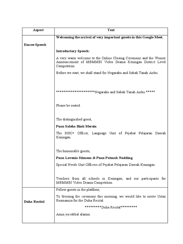 Video Drama Competition Closing Ceremony Script | PDF