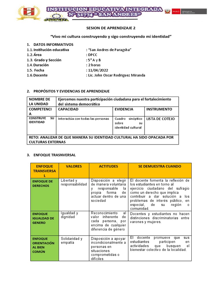 Sesion de Aprendizaje I DPCC 5° Grado | PDF | Aprendizaje