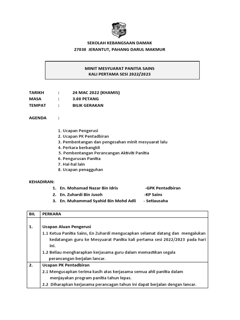 MINIT MESYUARAT PANITIA SAINS | PDF