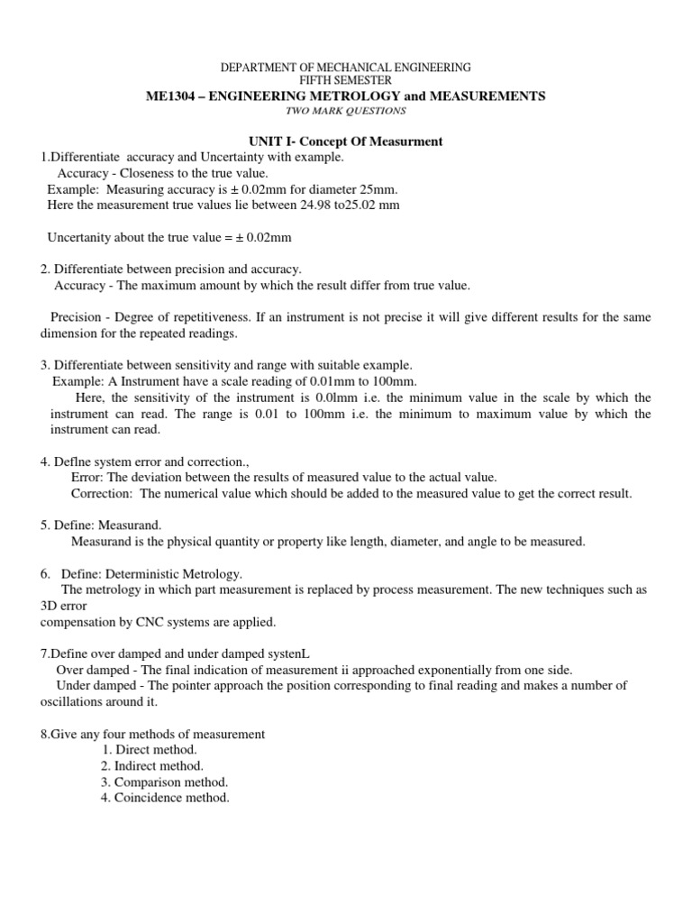 Me1304 - Engineering Metrology and Measurements | PDF | Interferometry ...