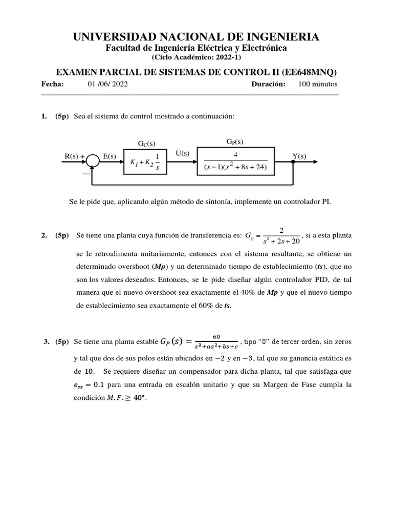 Ex. Parcial Ee648 Fiee Uni | PDF | Informática | Ingenieria Eléctrica