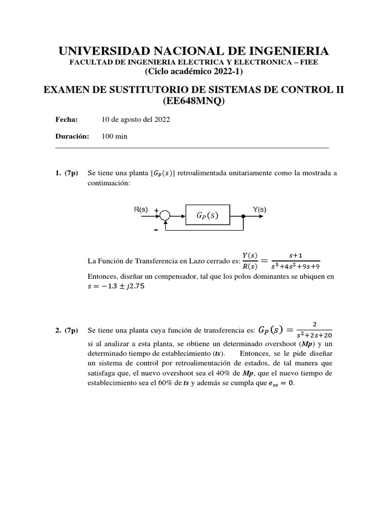 Ex. Sustitutorio Ee648 Fiee Uni | PDF | Ingenieria Eléctrica | Análisis matemático
