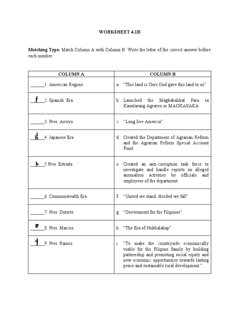 Worksheet 4.1B Matching Type. Match Column A With Column B. Write The Letter of The Correct ...