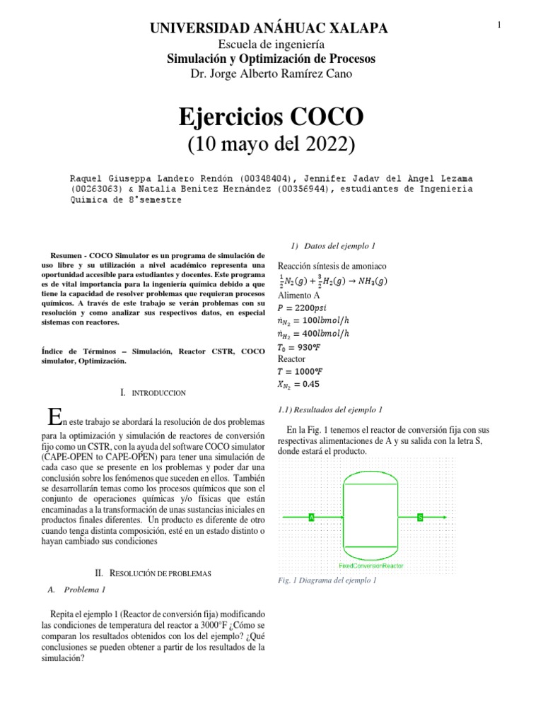 Reporte de Ejercicios Reactores (COCO) | PDF | Reactor Quimico | Simulación