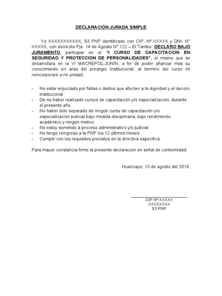 Declaracion Jurada Simple PNP | PDF