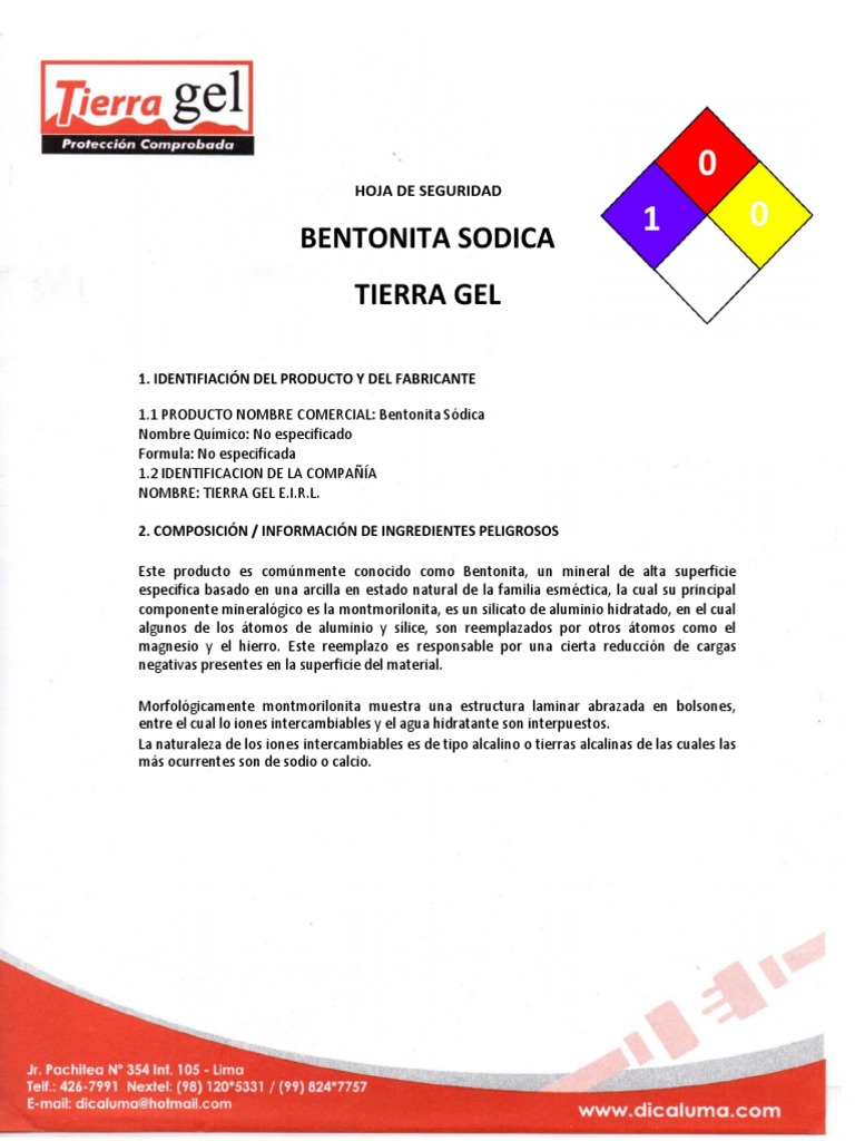 Hoja de Seguridad - Bentonita Sodica Tierra Gel | PDF | Agua | Sodio