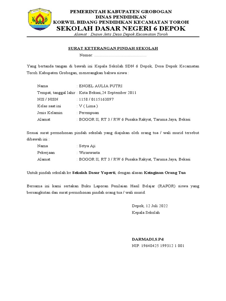 Surat Keterangan Pindah Sekolah | PDF