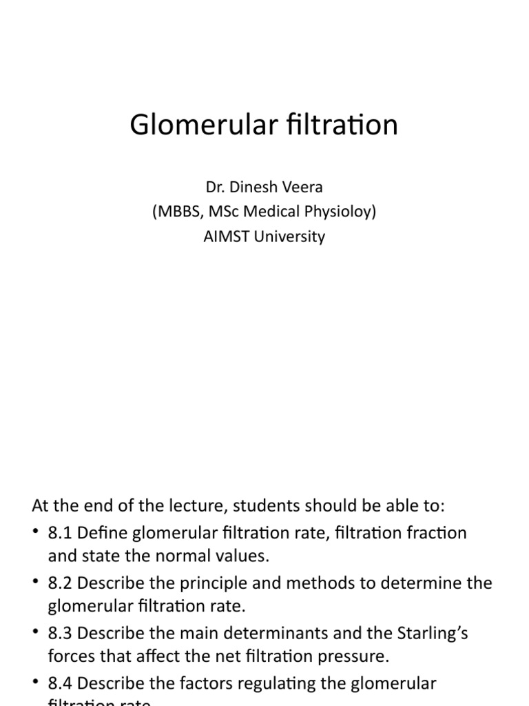 Glomerular Filtration MBBS - Dr. Dinesh | PDF | Kidney | Anatomy