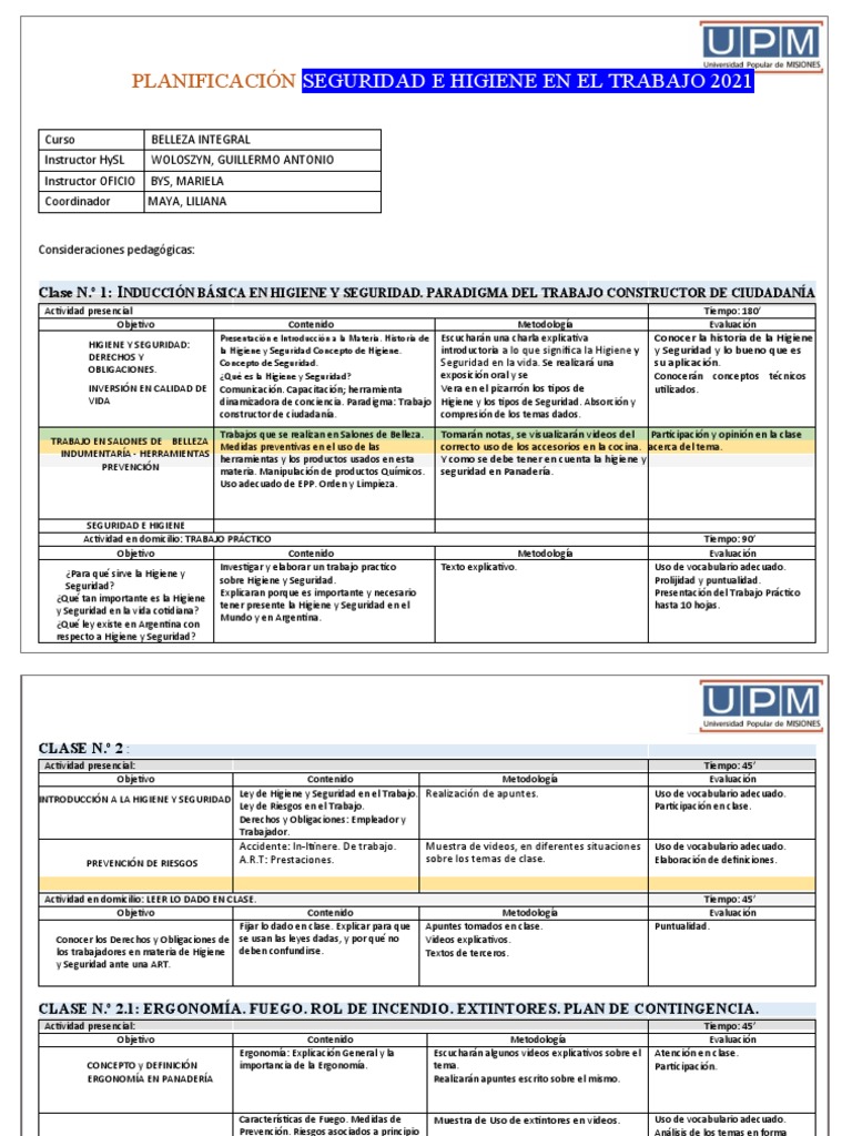 Planificación Seguridad e Higiene en El Trabajo 2021 - Belleza Integral | PDF | Factores humanos ...