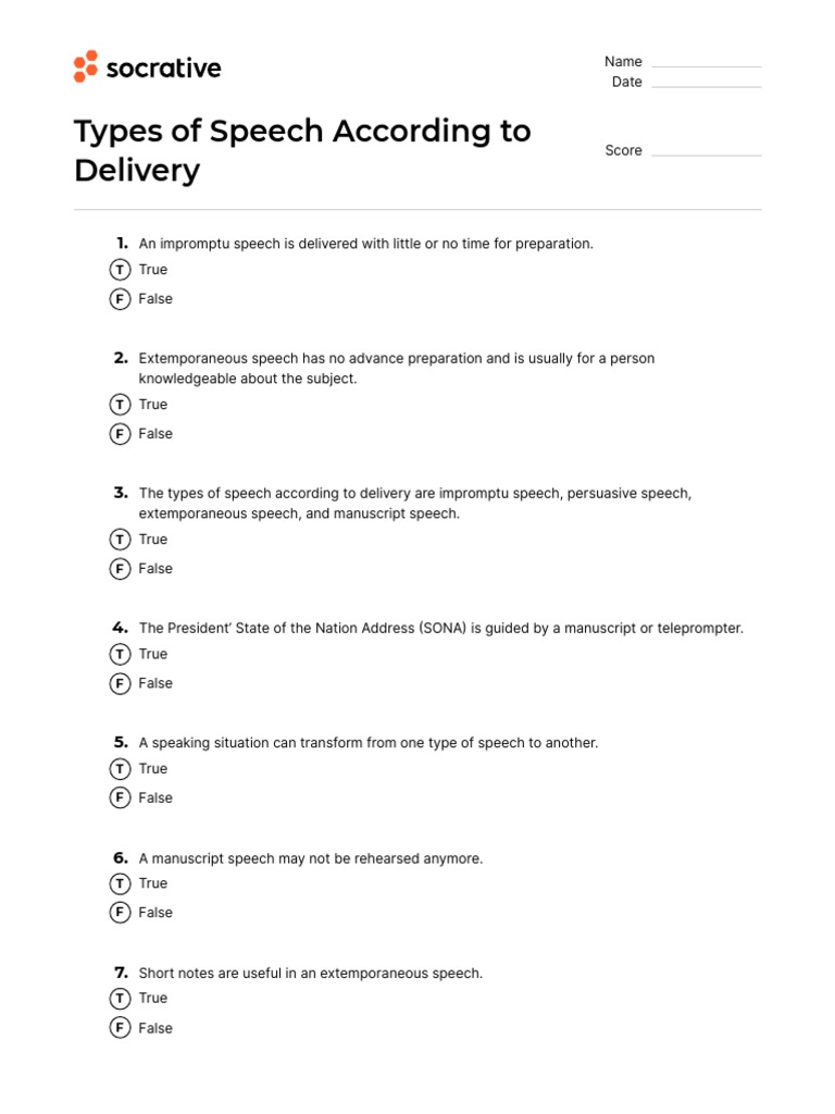 Quiz - Types of Speech According To Delivery | PDF | Language Arts ...