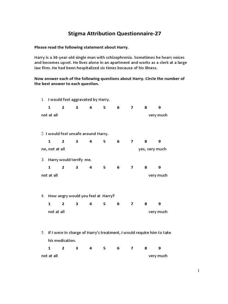 Stigma Attribution Questionnaire-27 | PDF | Mental Disorder | Abnormal ...