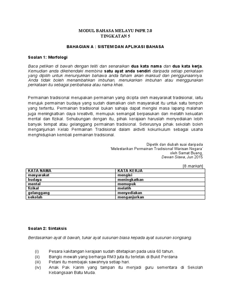 SOALAN DAN JAWAPAN MODUL BM PDPR t5 MEI 2021 | PDF
