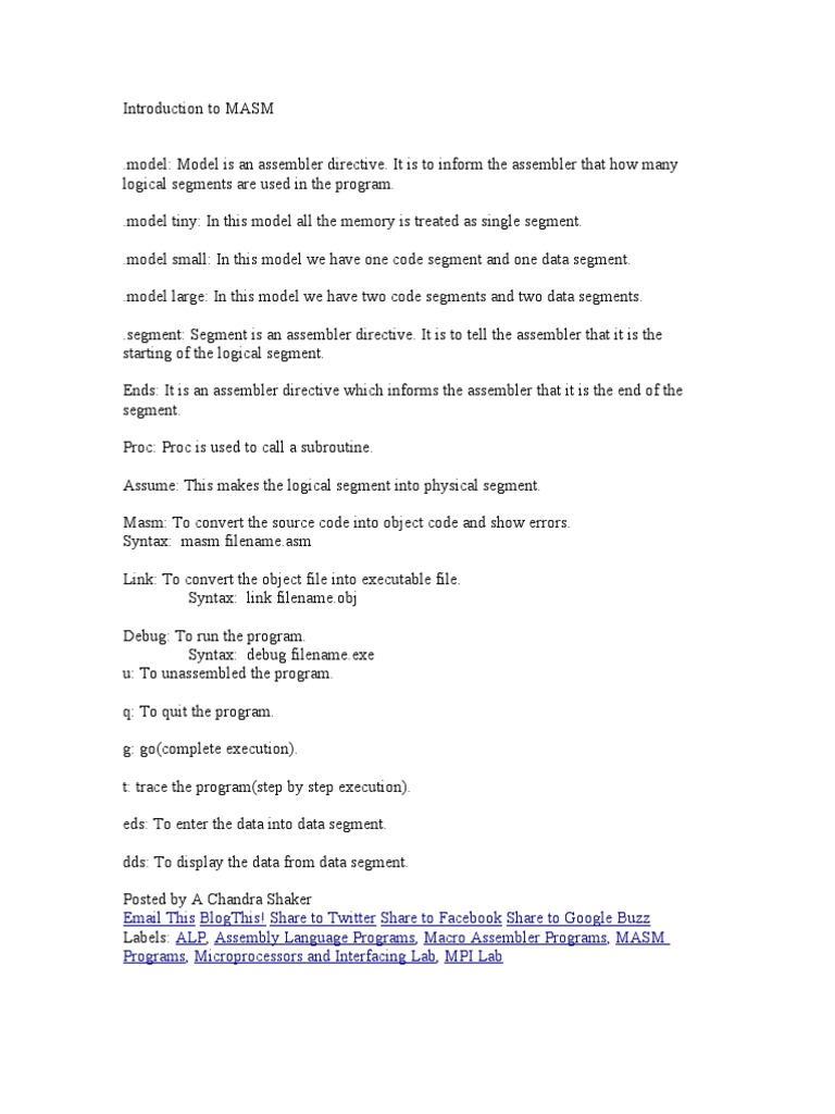 MASM Programs for 8-bit, 16-bit Arithmetic Operations and String Manipulation | PDF | Assembly ...