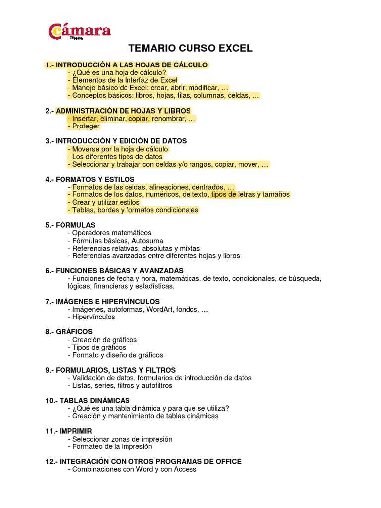 Temario Curso Excel | PDF