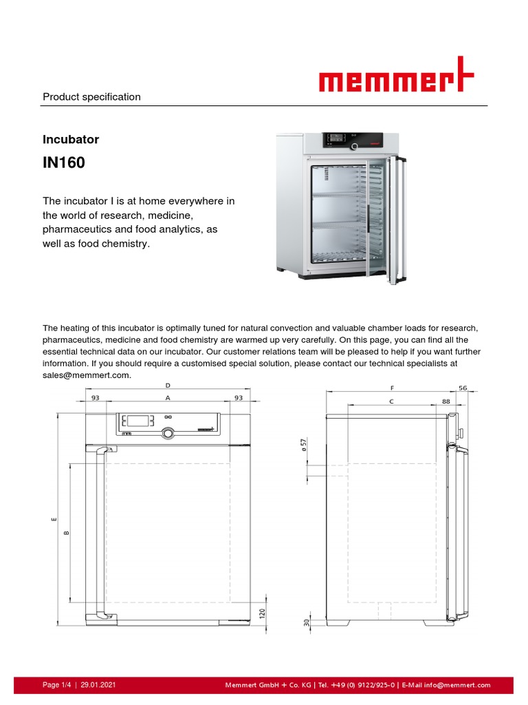 Memmert IN160 Incubator Specifications | PDF | Door | Temperature