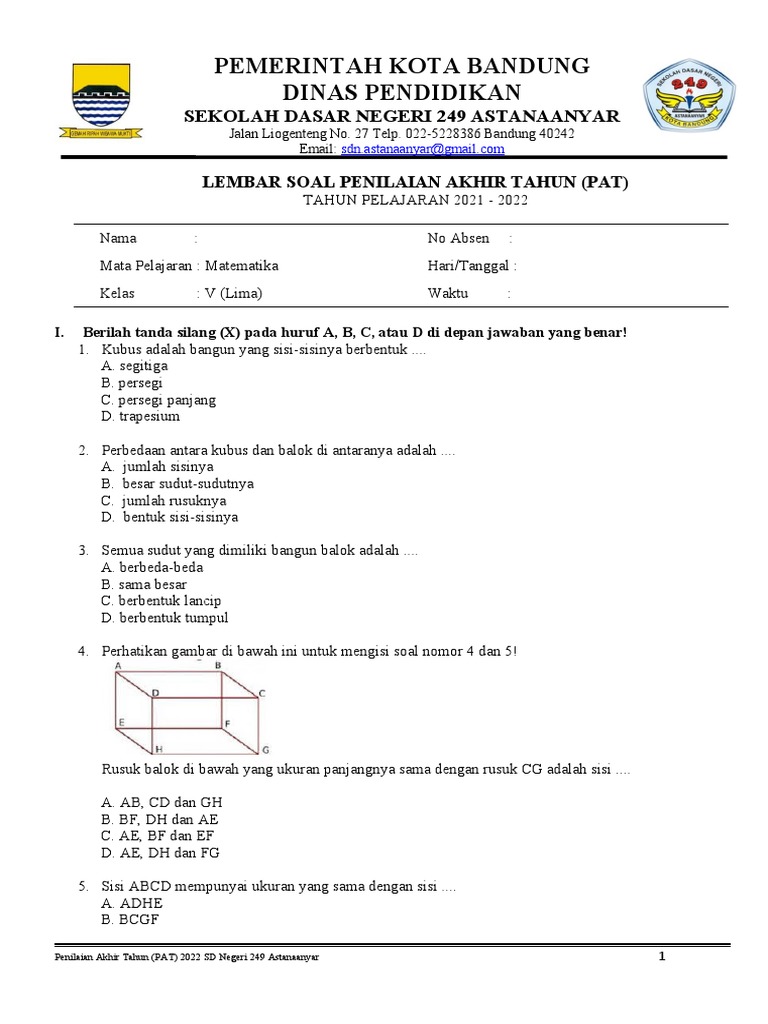 Soal Pat Matematika Kelas 5 2022 | PDF