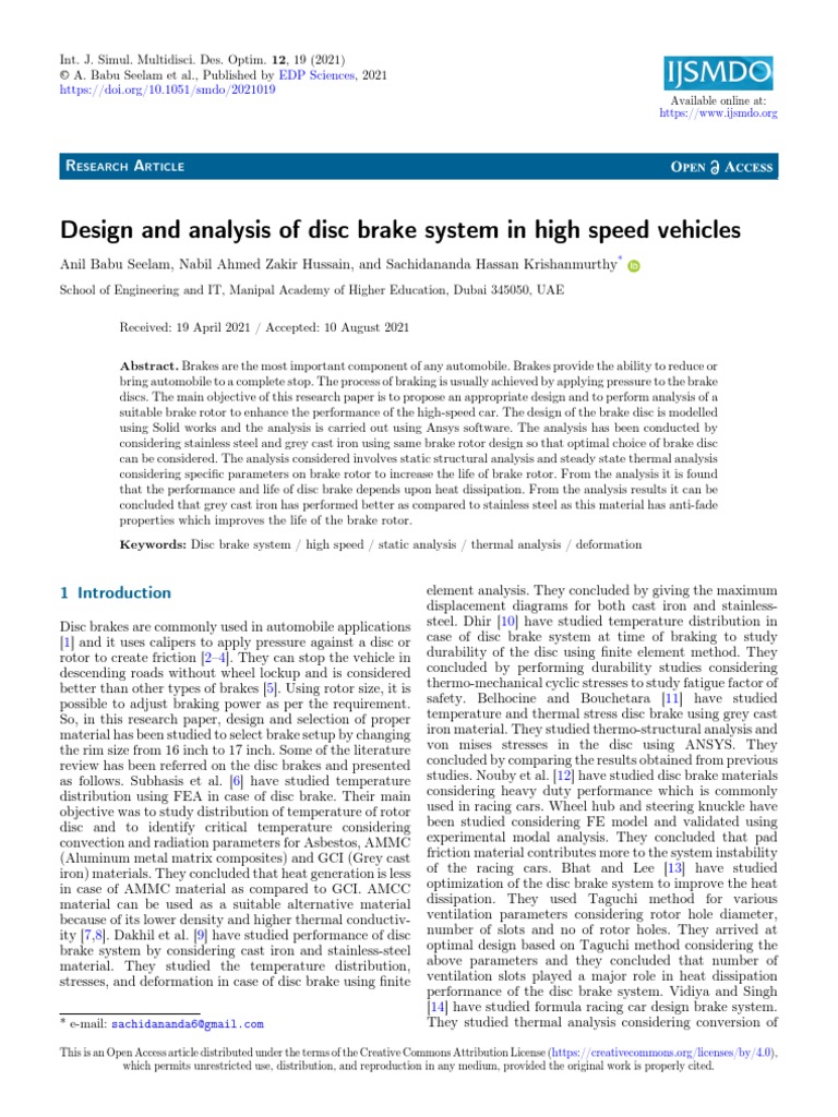 Design and Analysis of Disc Brake System in High Speed Vehicles | PDF ...