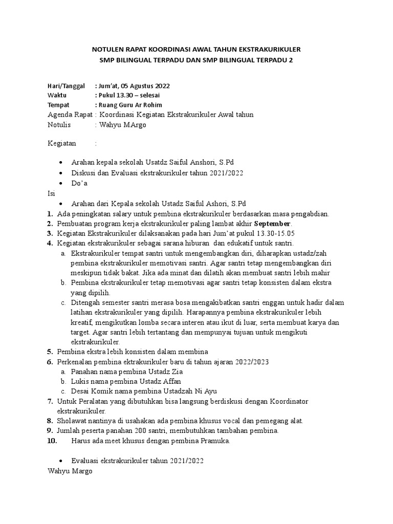 Notulen Rapat Koordinasi Awal Tahun Ekstrakurikuler | PDF
