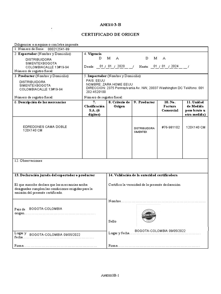 Anexo 3 B Certificado de Origen | PDF