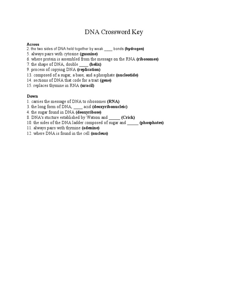 DNA Crossword Puzzle Answers | PDF | Science & Mathematics