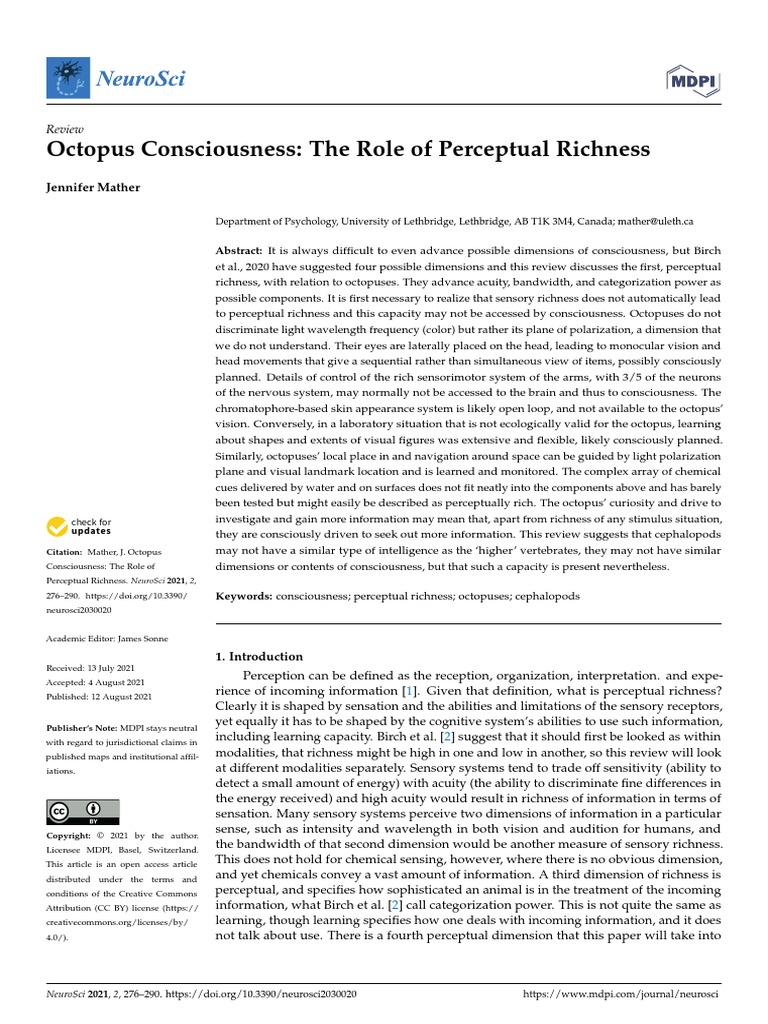Octopus Consciousness: The Role of Perceptual Richness: Jennifer Mather ...