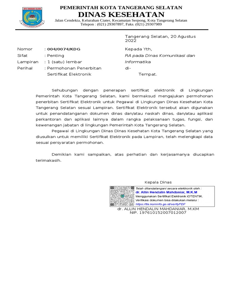 Surat Permohonan Sertifikat Elektronik 2022 | PDF