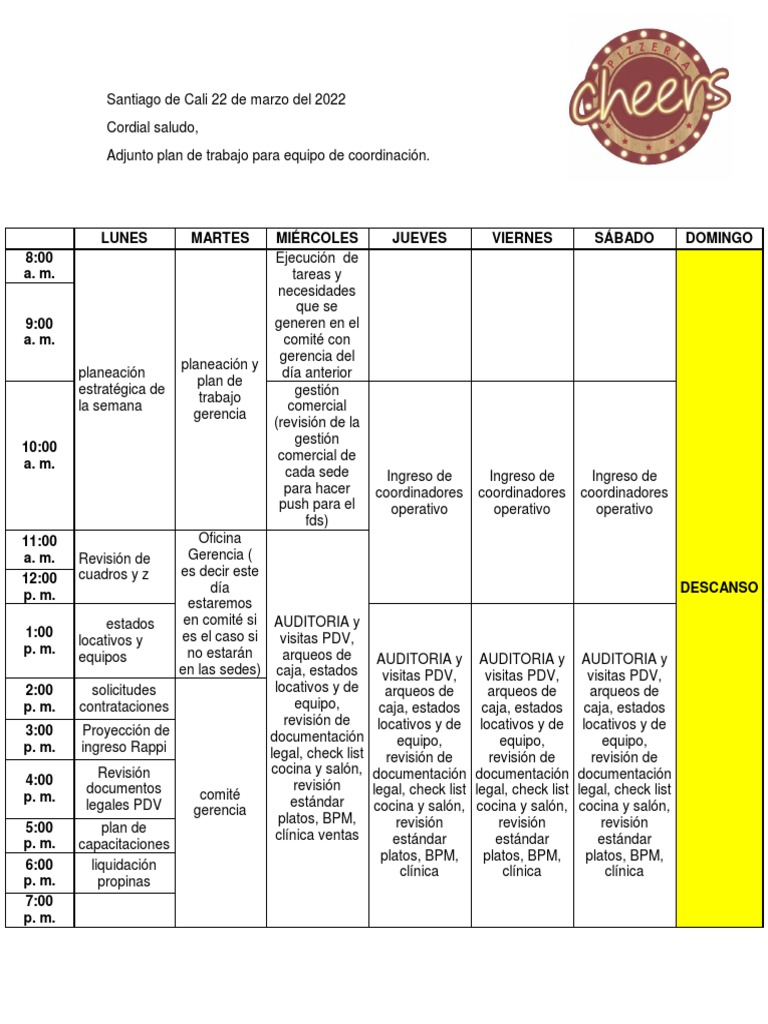 Plan de Trabajo de Director de Operaciones y Coordinadores Operativos | PDF