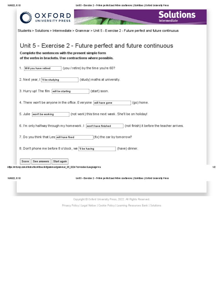 Unit 5 - Exercise 2 - Future Perfect and Future Continuous - Solutions - Oxford University Press ...