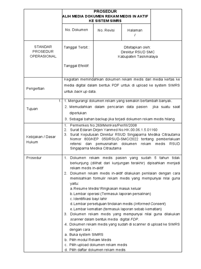 Sop Alih Media Dokumen Rekam Medis in Aktif Ke Simrs | PDF | Hukum