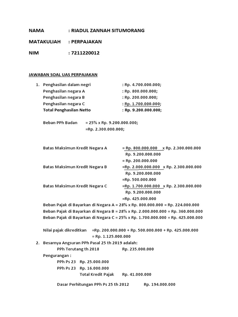 Jawaban UAS Perpajakan Riadul Zannah Situmorang | PDF | Pengelolaan Keuangan & Uang