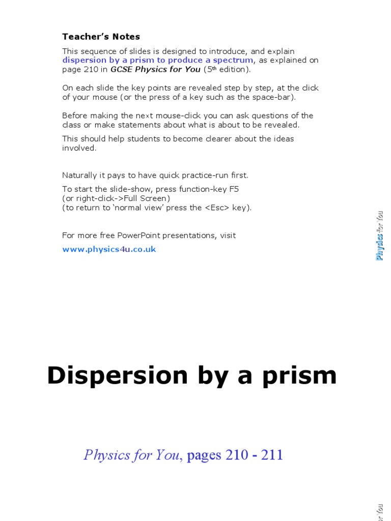 Teacher's Notes: Dispersion by A Prism To Produce A Spectrum | PDF ...