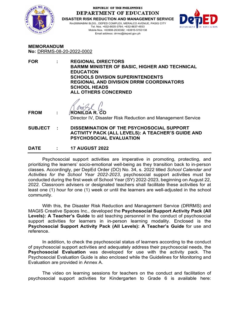 04 - AAB - DRRMS Memo - Dissemination of PSAP All Level For SY 22-23-20220820 - 2137H | PDF ...