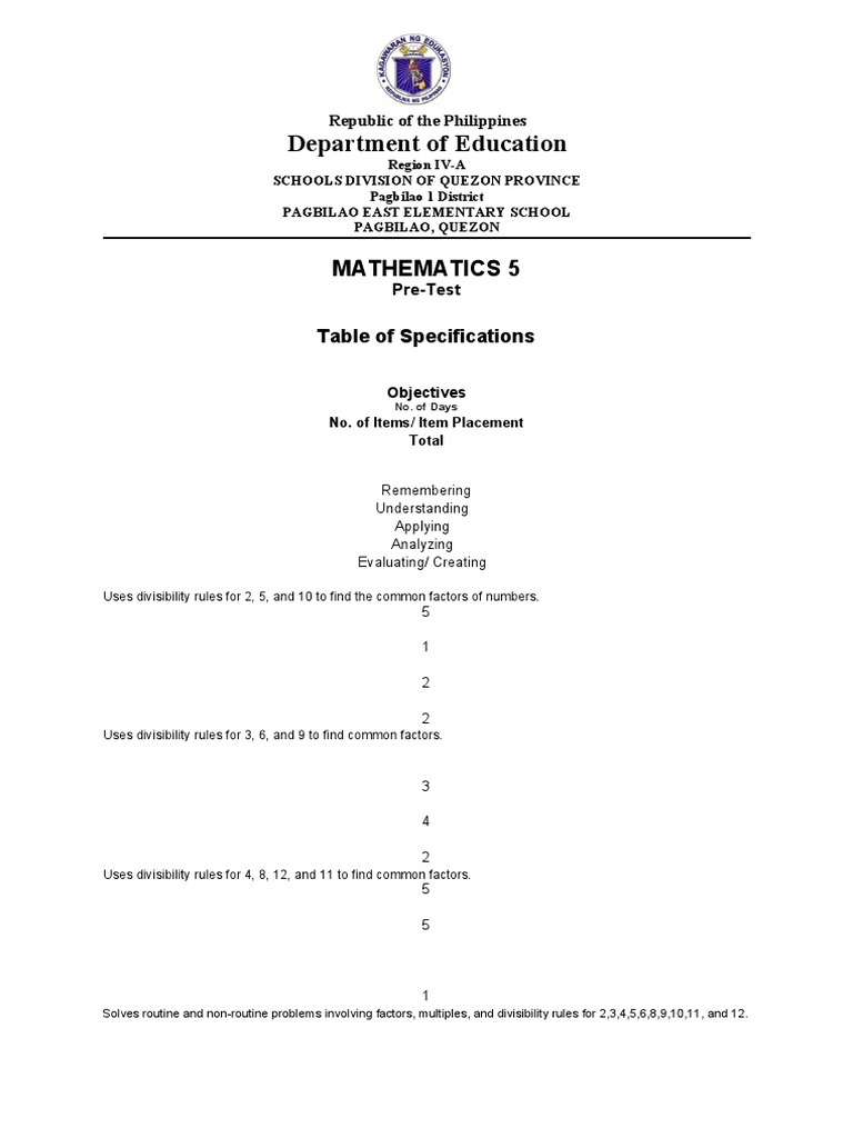 Mathematics 5 Pre-Test: Table of Specifications for Pagbilao East ...
