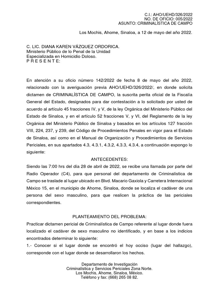 Dictamen Criminalistica de Campo | PDF | Ciencia forense | Science