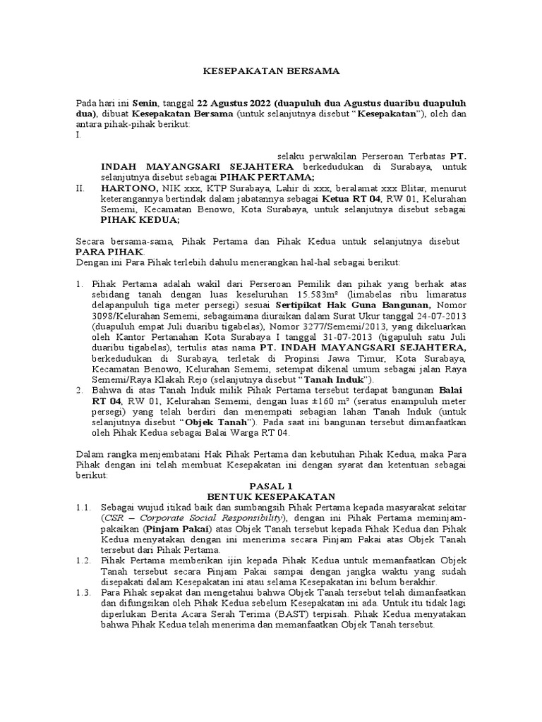 KESEPAKATAN PINJAM PAKAI RT04 Sememi (Rev1) | PDF