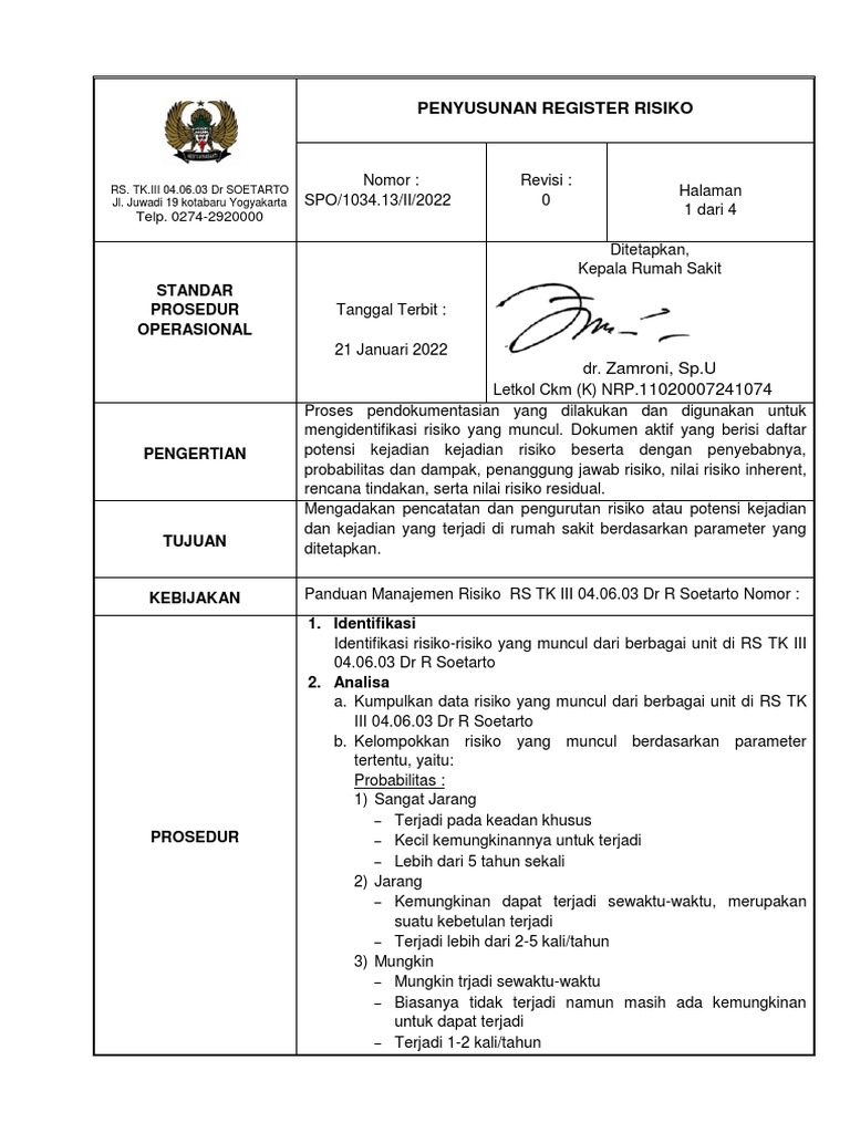 SPO Penyusunan Register Risiko | PDF
