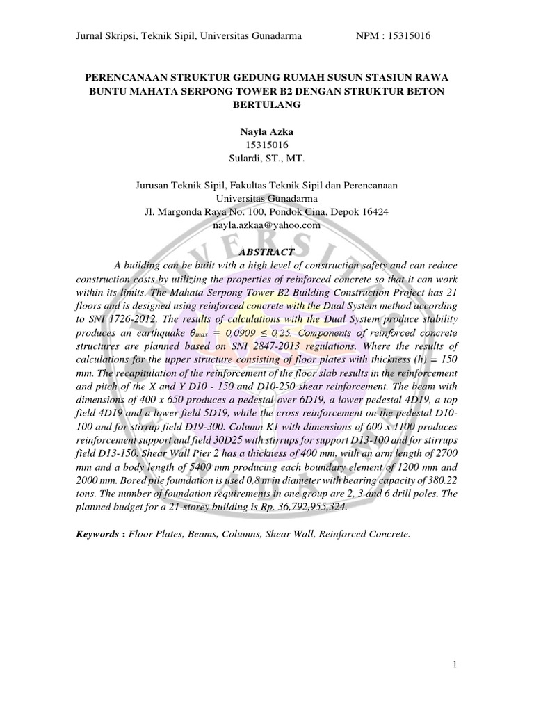 Perencanaan Struktur Gedung Rumah Susun Stasiun Rawa Buntu Mahata Serpong Tower B2 Dengan ...