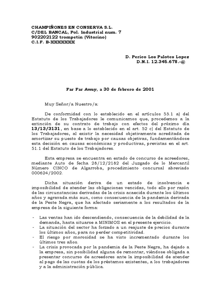 Carta de despido por causas económicas, productivas y técnicas debido a ... Carta de despido por causas económicas, productivas y técnicas debido a ...