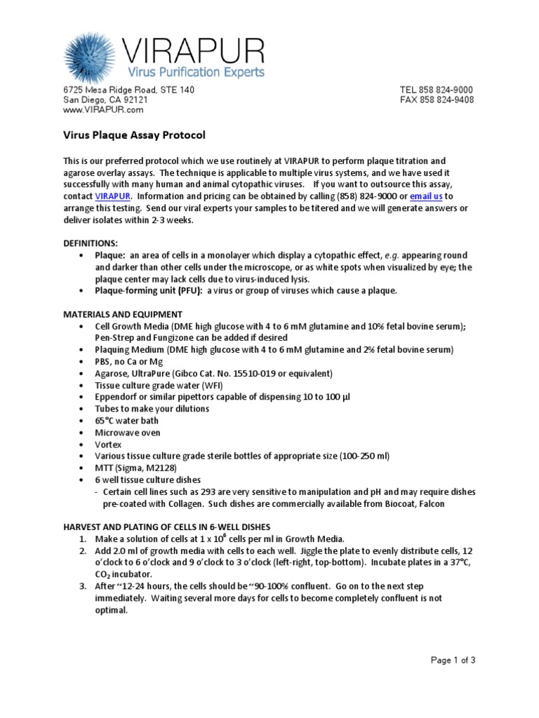 Virus Plaque Assay Protocol Guide | PDF | Virus | Biology