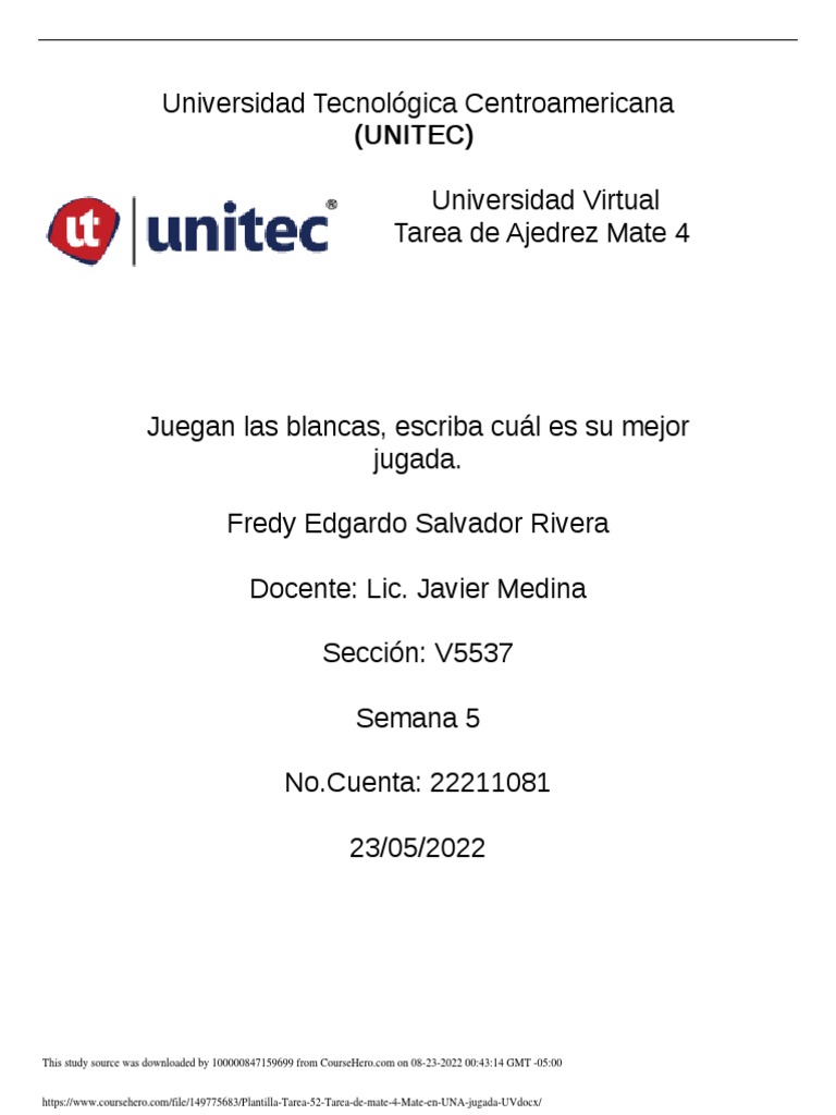 Plantilla Tarea 5.2 Tarea de Mate 4 Mate en UNA Jugada UV | PDF