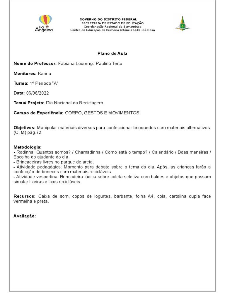 Planos de Aula - Ipê Rosa - 1º Período 'A' | PDF | Pedagogia