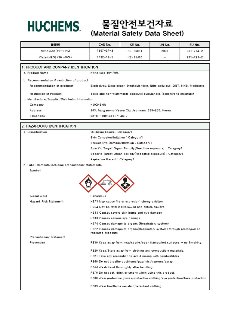 SDS Huchem Nitric Acid | PDF | Toxicity | Dangerous Goods