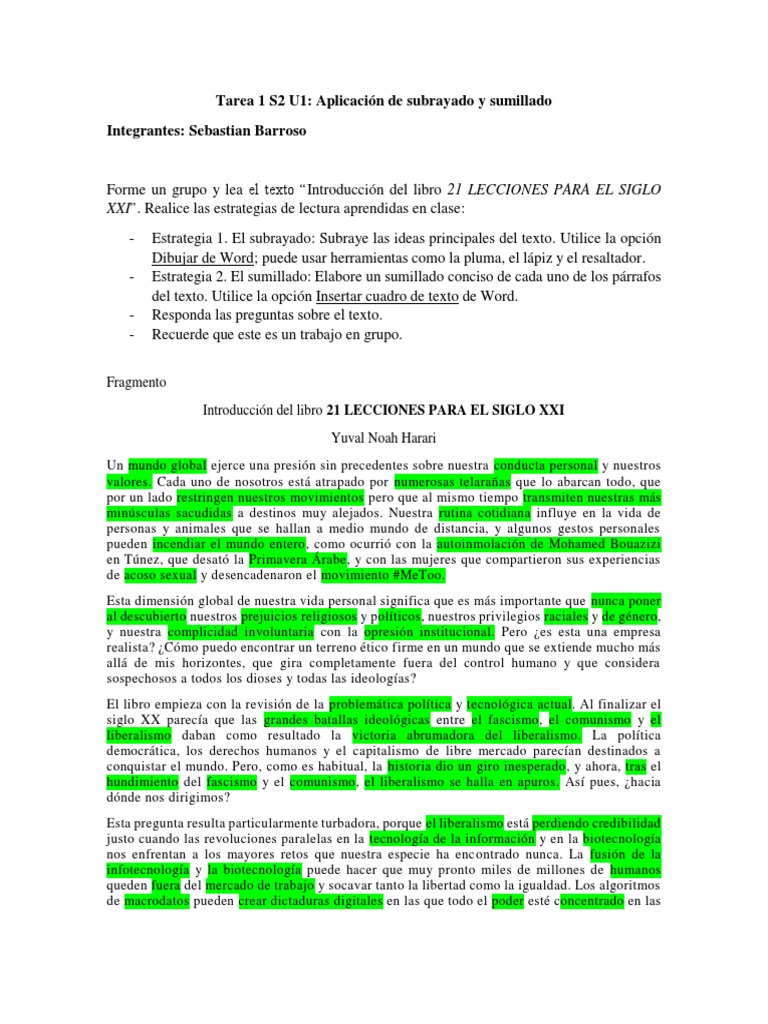 Trabajo en Clase 1 S2 U1 - Aplicación de Subrayado y Sumillado ...