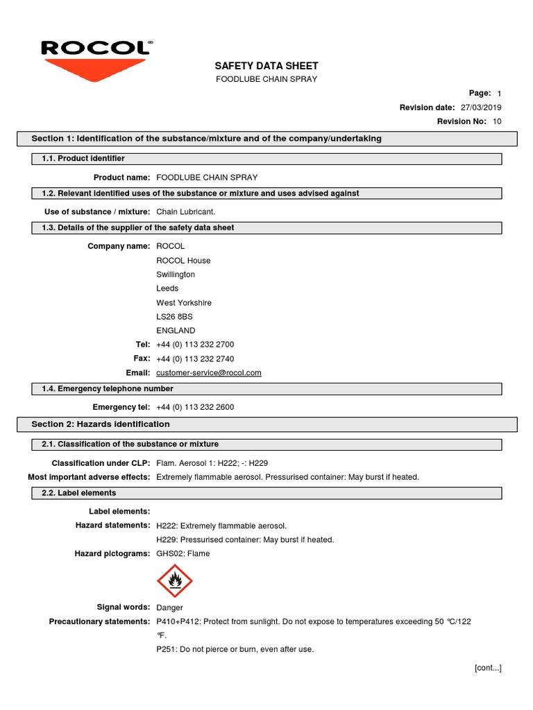 Rocol Foodlube Chain Spray SDS | PDF | Combustion | Waste Management