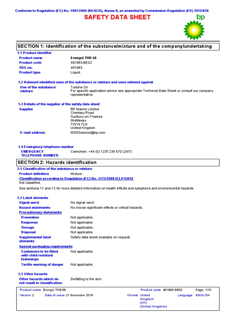 SDS Oli Energol BP THB 68 | PDF | Dangerous Goods | Firefighting