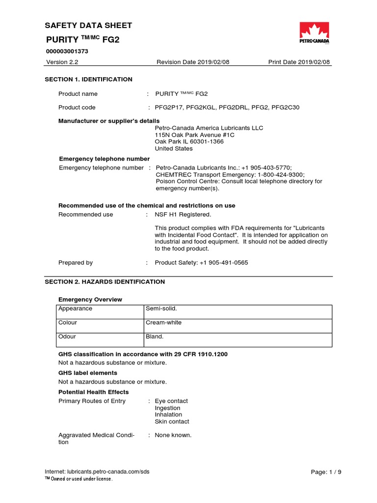 Purity FG2: Safety Data Sheet | PDF | Toxicity | Personal Protective ...